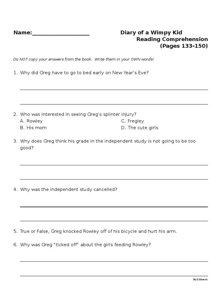 Diary of a Wimpy Kid: Comprehension 133-150 | PDF