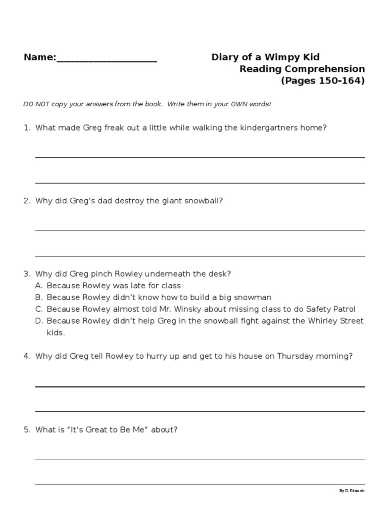 Diary of A Wimpy Kid (Book 1) ReadComp p.150-164 | PDF | Language Arts ...
