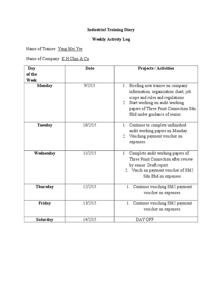 Industrial Training Diary Weekly Activity Log | PDF | Business