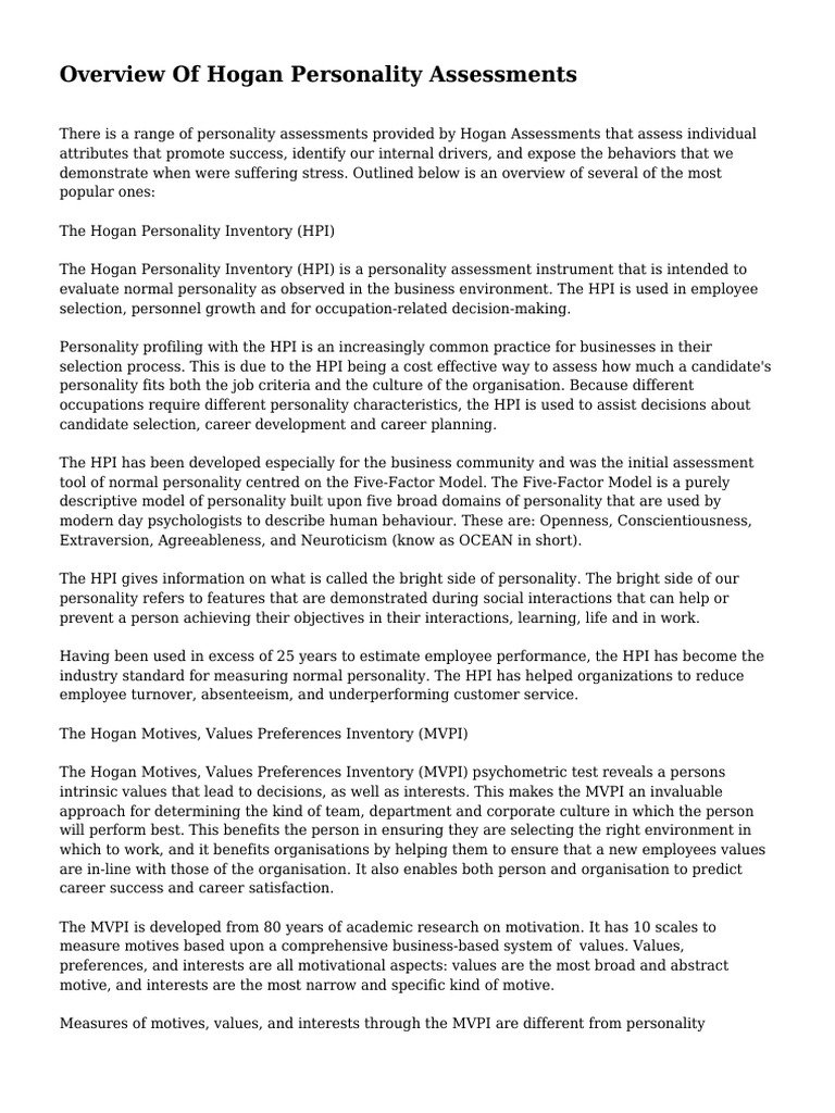 Overview of Hogan Personality Assessments | PDF | Motivation | Motivational