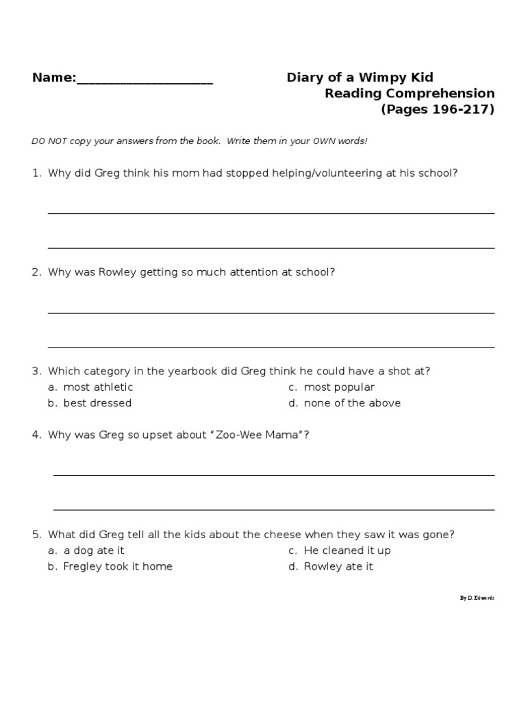 Diary of A Wimpy Kid (Book 1) ReadComp p.196-217 | PDF