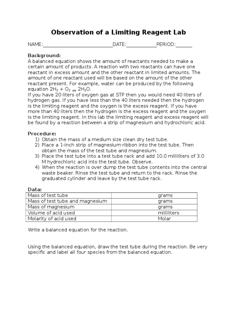 Observation of A Limiting Reagent Lab | PDF | Magnesium | Hydrochloric Acid