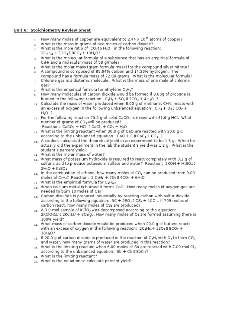 Unit 5 Stoichiometry Test Review | PDF | Mole (Unit) | Stoichiometry