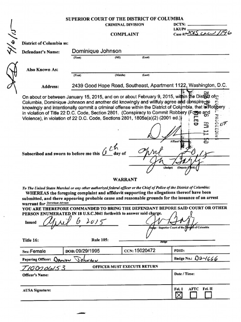 Dominique Johnson Arrest Warrant Court Docs | PDF