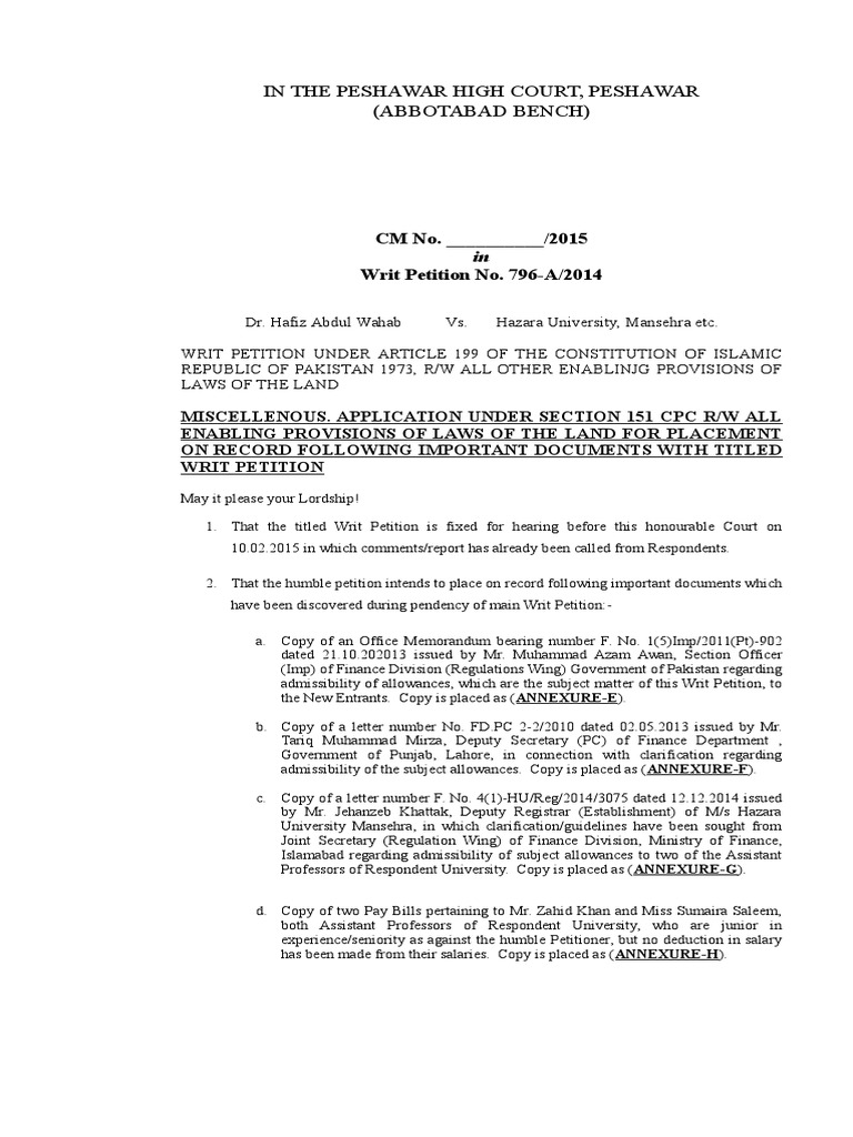 CM Application in Main Writ | PDF | Affidavit | Writ