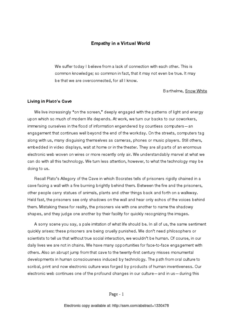 Empathy In A Virtual World Pdf Empathy Emotions