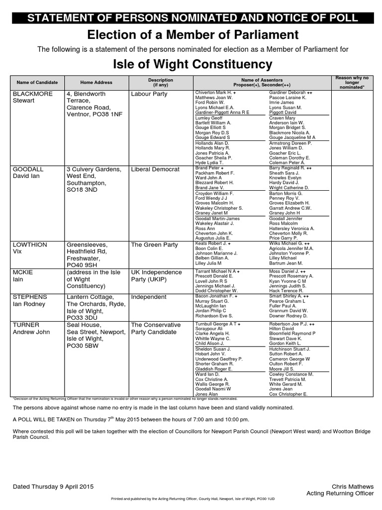 Statement of Persons Nominated and Notice of Poll - Isle of Wight GE ...