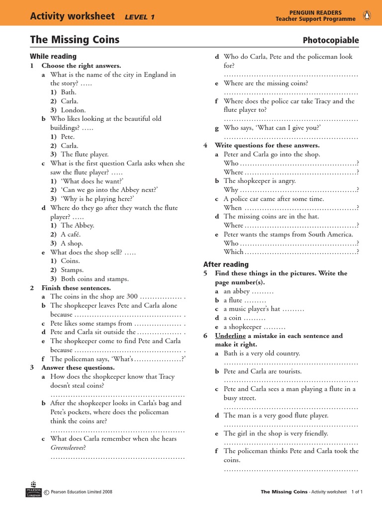 The Missing Coins: Activity Worksheet | PDF | Leisure
