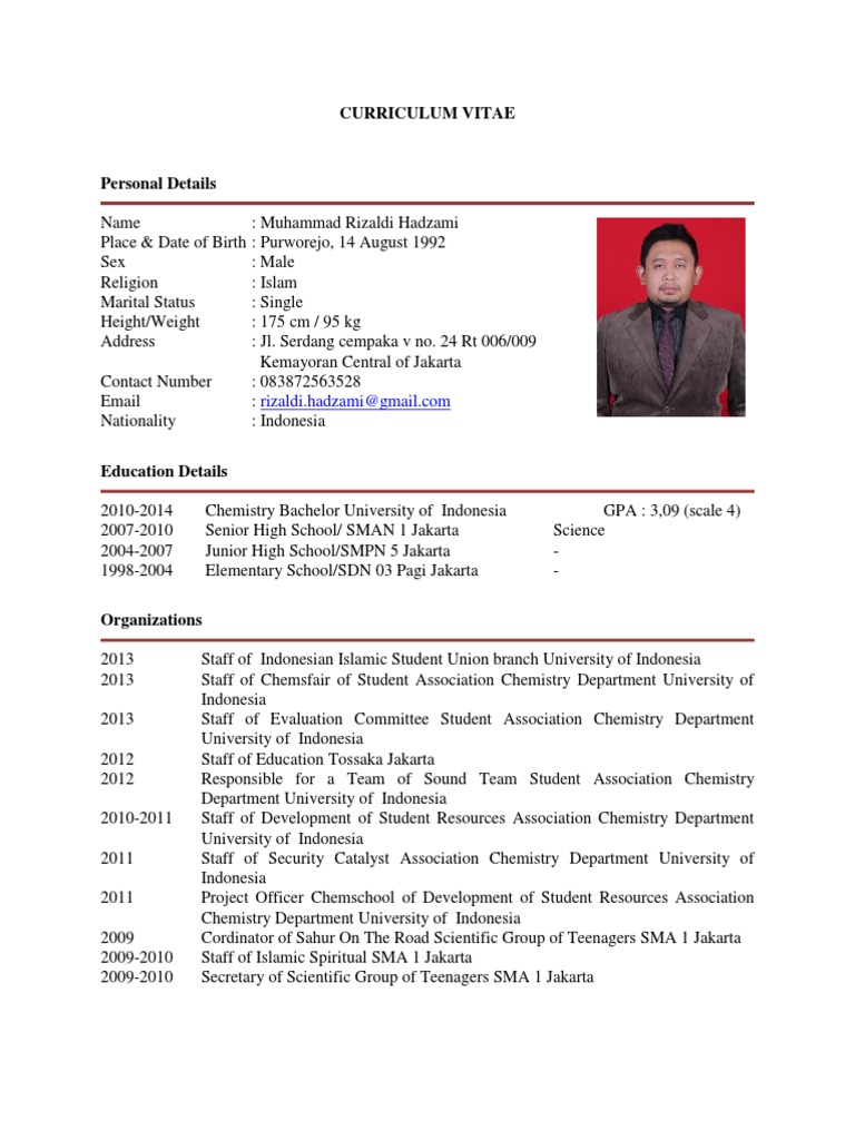 CV M. Rizaldi Hadzami (Eng) | PDF | Organic Chemistry | Chemistry
