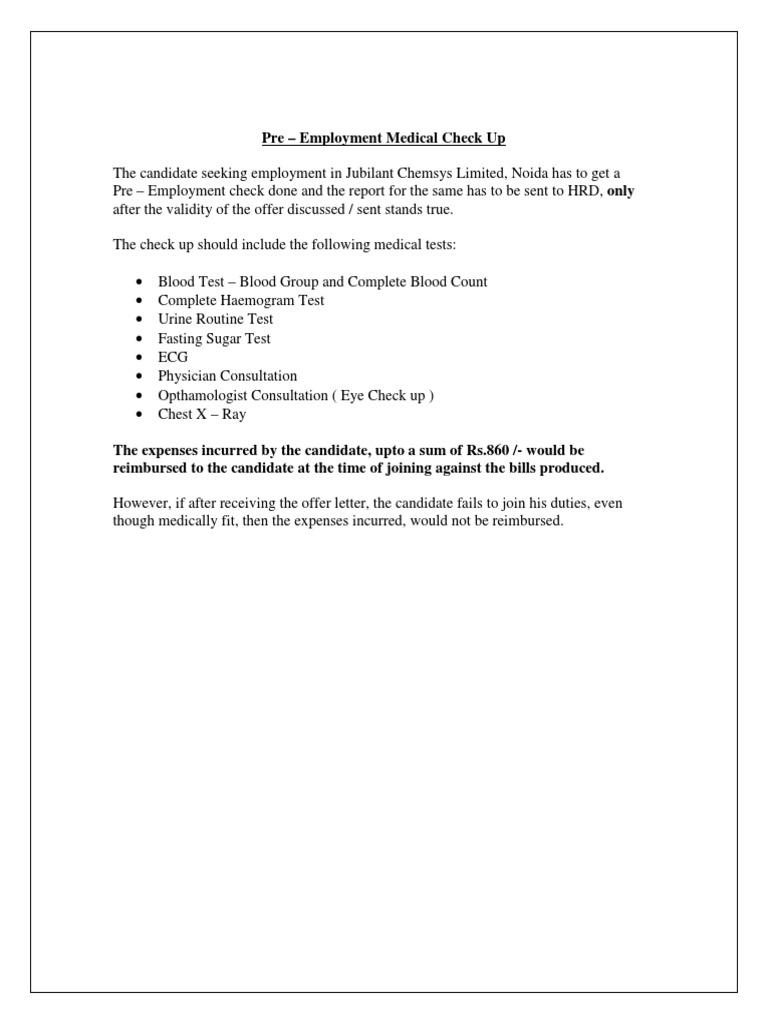 Pre Employment Medical Checkup | PDF