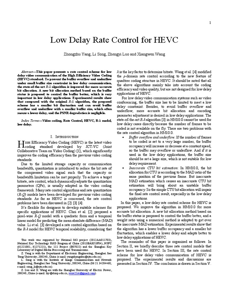 Low Delay Rate Control For HEVC | PDF | Data Compression | Bit Rate