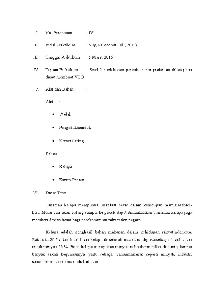 Laporan Praktikum Pembuatan Vco | PDF