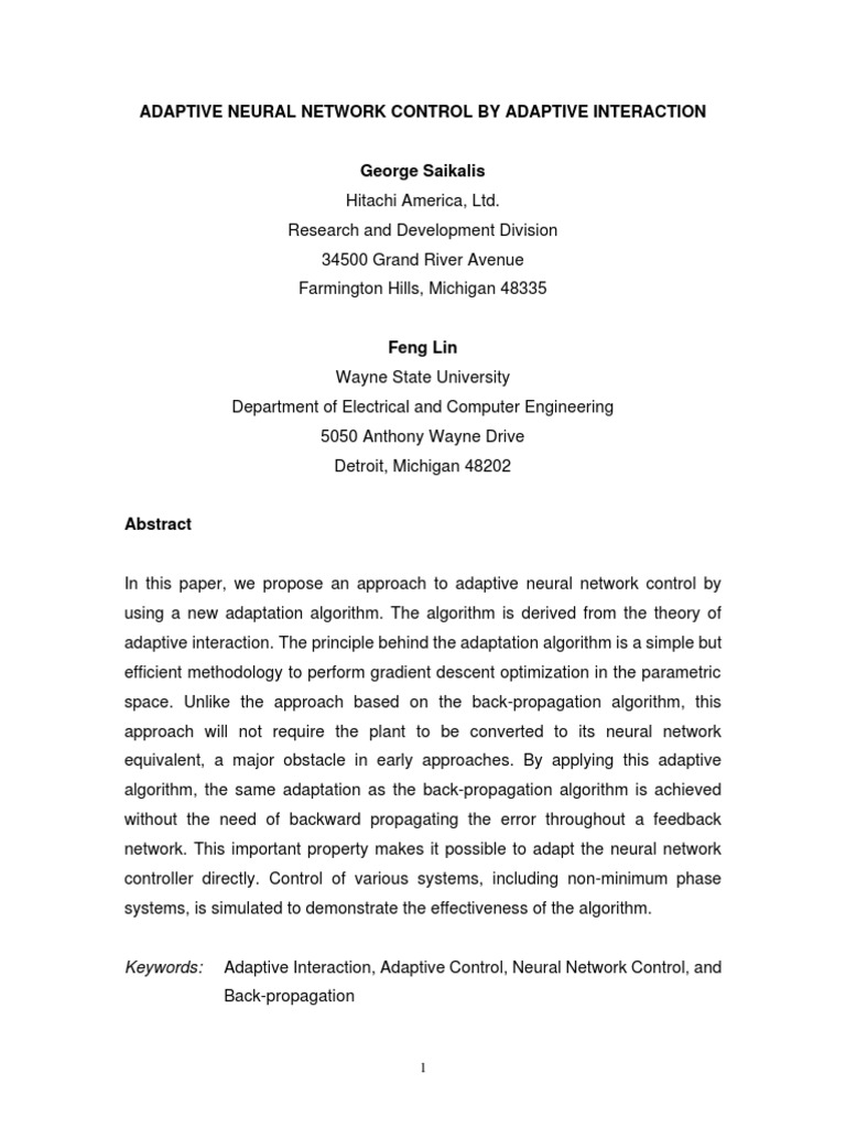 An Adaptive Neural Network Control Approach Using An Efficient Adaptation Algorithm Based On
