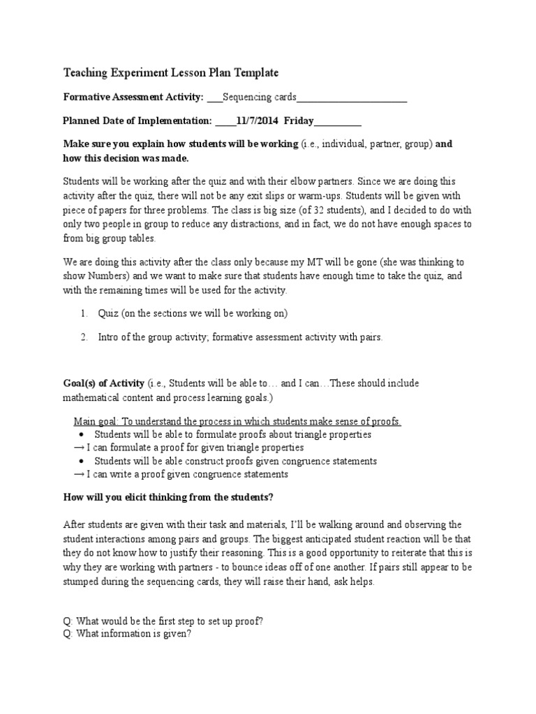Teaching Experiments Lesson Plan Template | PDF | Mathematical Proof ...