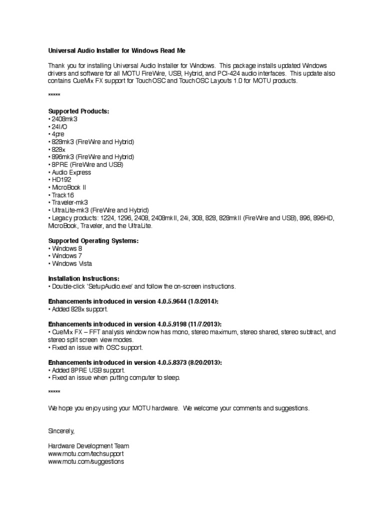 MOTU Universal Audio Installer Read Me Win | PDF