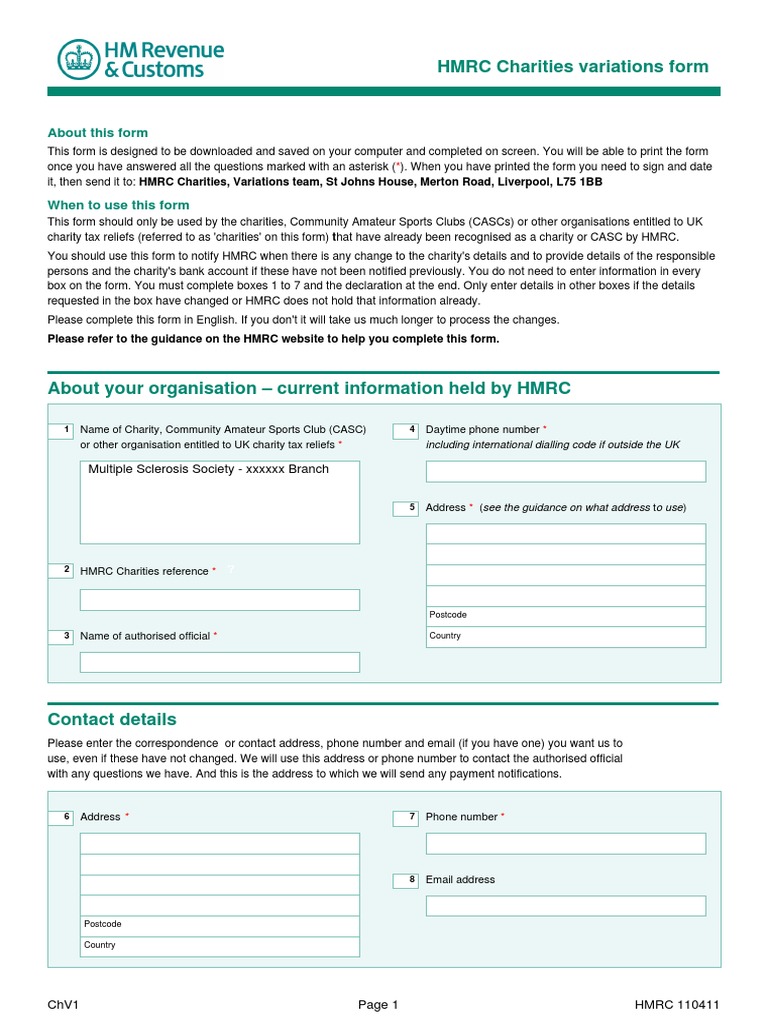 HMRC ChV1 Charity Change Form | PDF | Charitable Organization ...