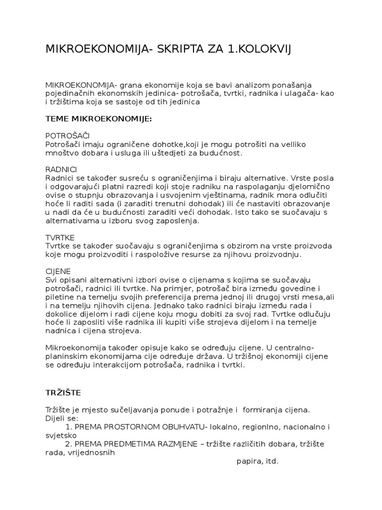 1.kolokvij - Skripta Mikroekonomija | PDF