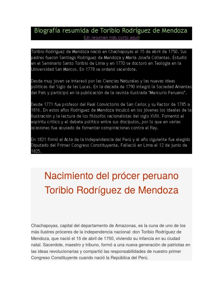 Biografía Resumida de Toribio Rodríguez de Mendoza | Política ...