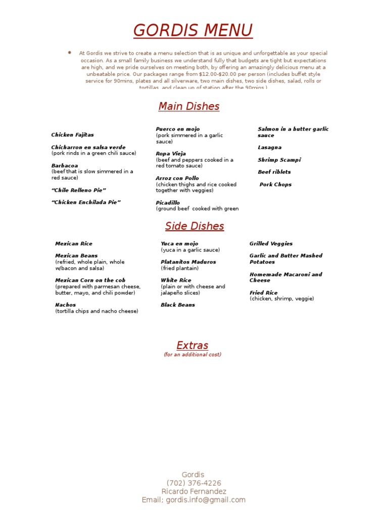 Gordis Catering Menu & Pricing | PDF