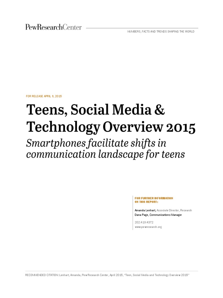 Pew Research Center : Teens, Social Media and Technology Overview 2015 ...