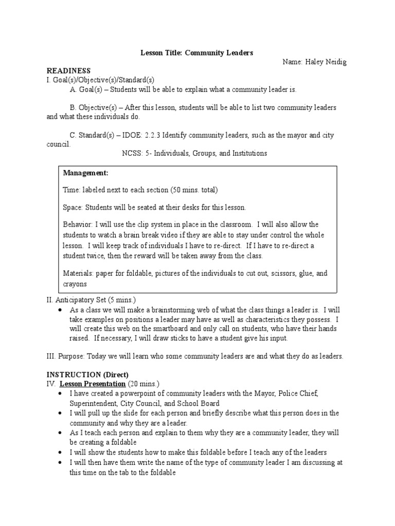 Community Leaders Lesson Plan | PDF | Special Education | Classroom
