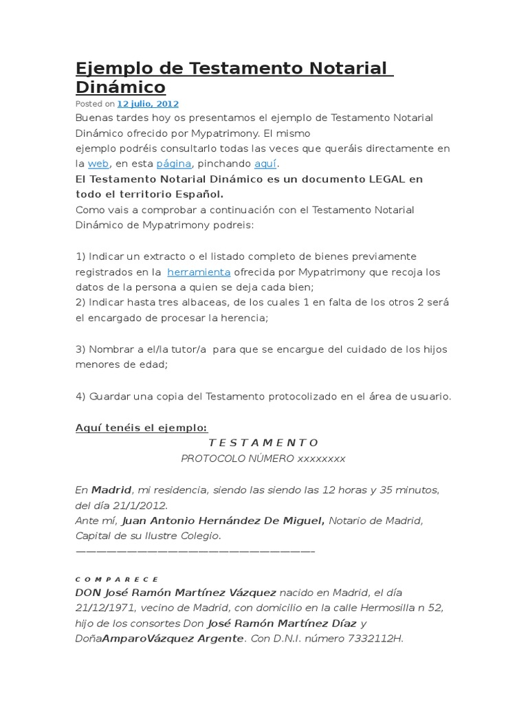 Ejemplo de Testamento Notarial Dinámico | Voluntad y Testamento ...