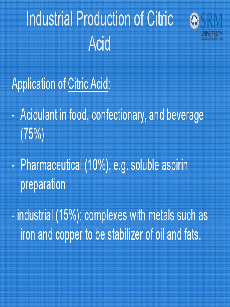 Industrial Production of Citric Acid | PDF | Ethanol | Chemical Substances