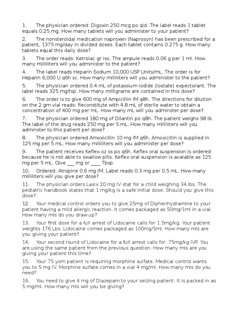 Paramedic Medication Math Practice | PDF | Pharmacology | Drugs