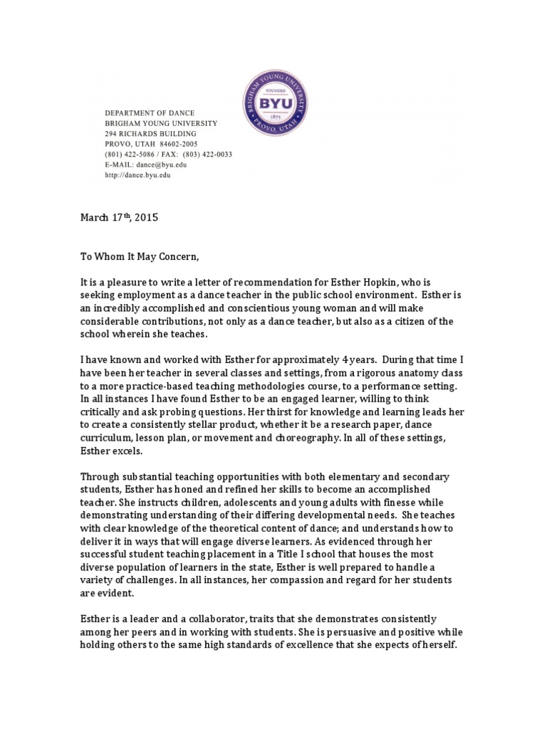 Pam's Letter of Recommendation | Leadership | Educational Psychology