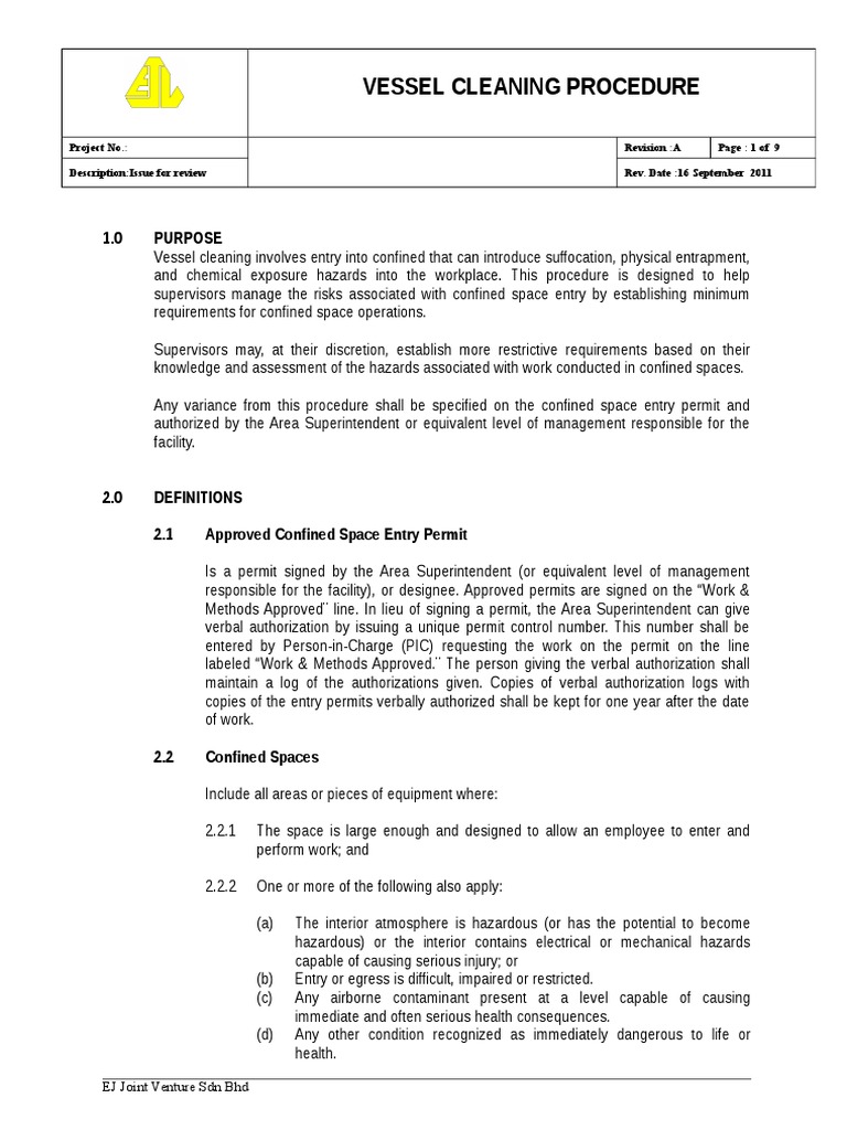 Vessel Cleaning Procedure | PDF | Gases | Chemistry