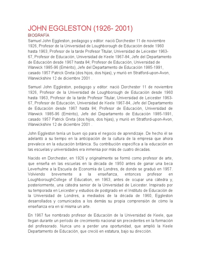 John Eggleston | Plan de estudios | Conocimiento