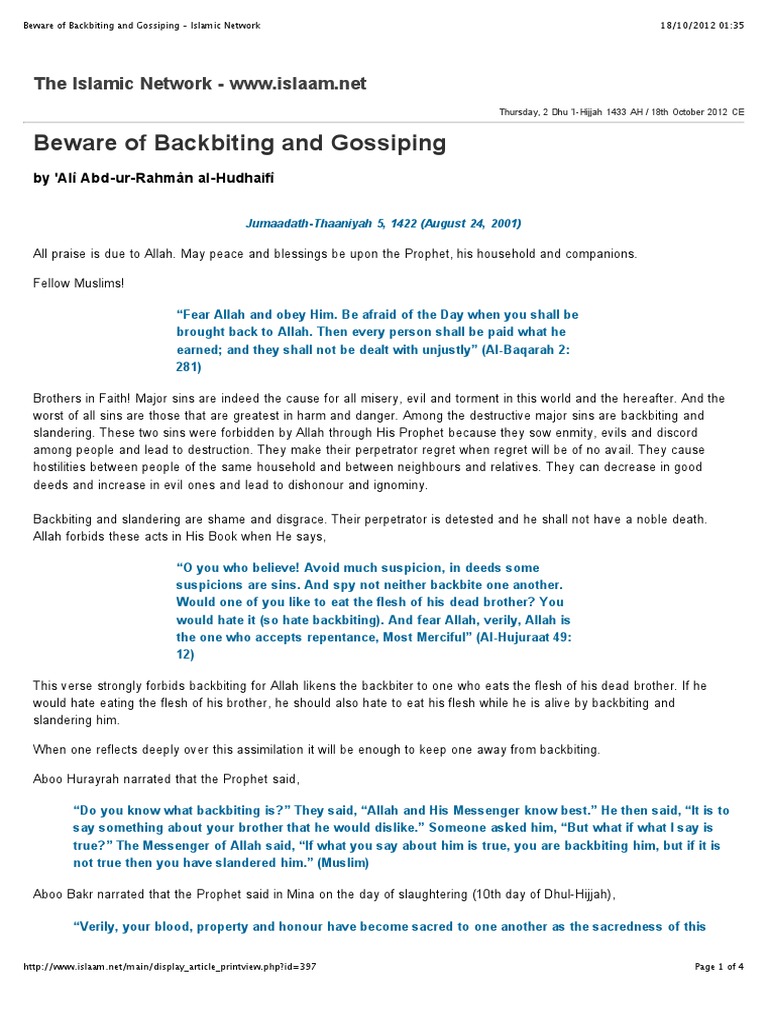 Beware of Backbiting and Gossiping - Islamic Network | PDF | Muhammad | Sahabah