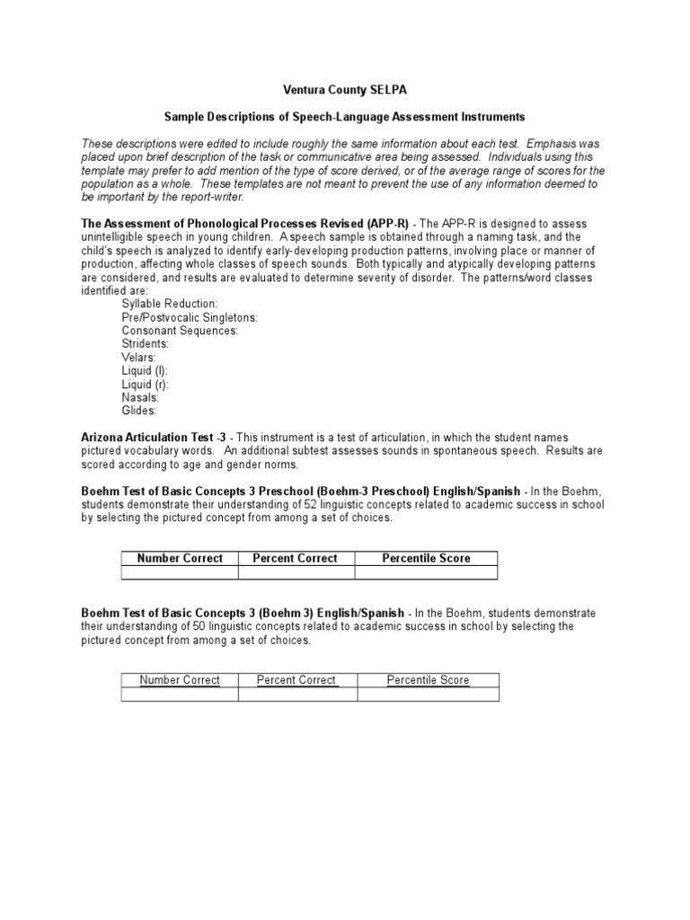 Speech-Language Assessment Tools Overview | PDF | Word | Reading ...