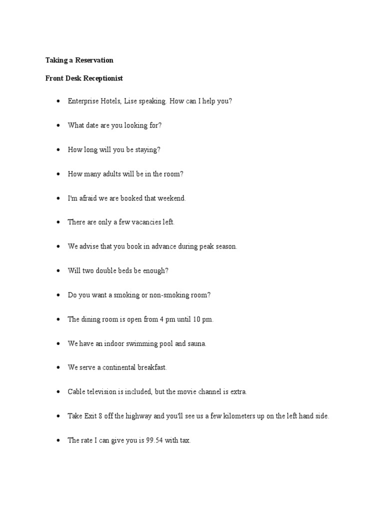 Booking a Hotel Room: A Conversation Between a Front Desk Receptionist ...