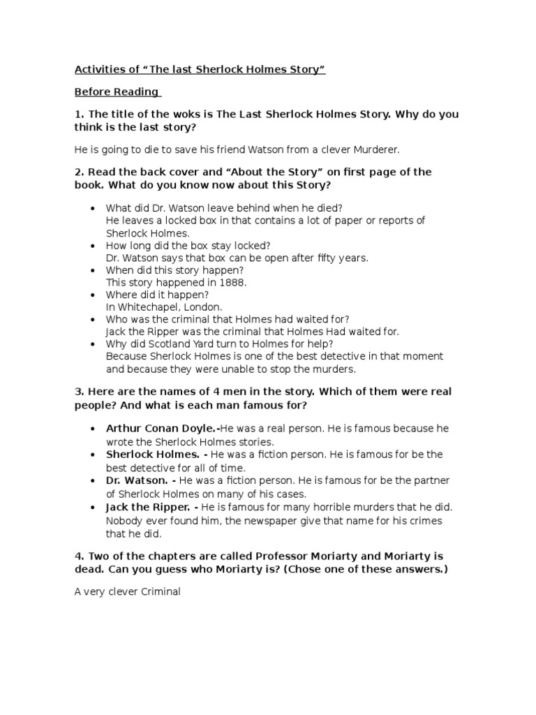 Activities for The Last Sherlock Holmes Story | PDF | Sherlock Holmes ...