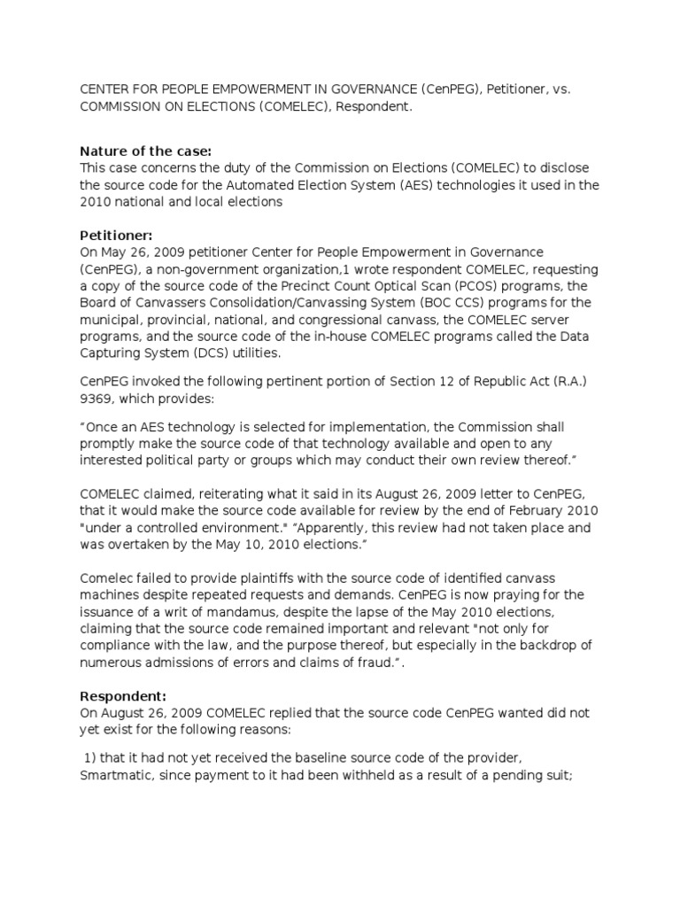 CenPEG Vs Comelec | Download Free PDF | Commission On Elections (Philippines) | Mandamus
