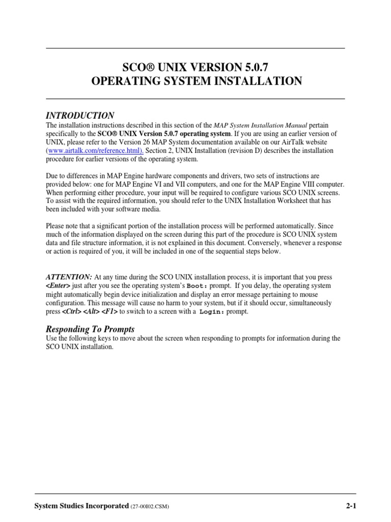 Sco® Unix Version 5.0.7 Operating System Installation: Attention | PDF
