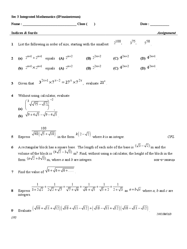 Sec 3 Indices & Surds (Assignment Questions) | PDF | Teaching Methods & Materials | Science ...