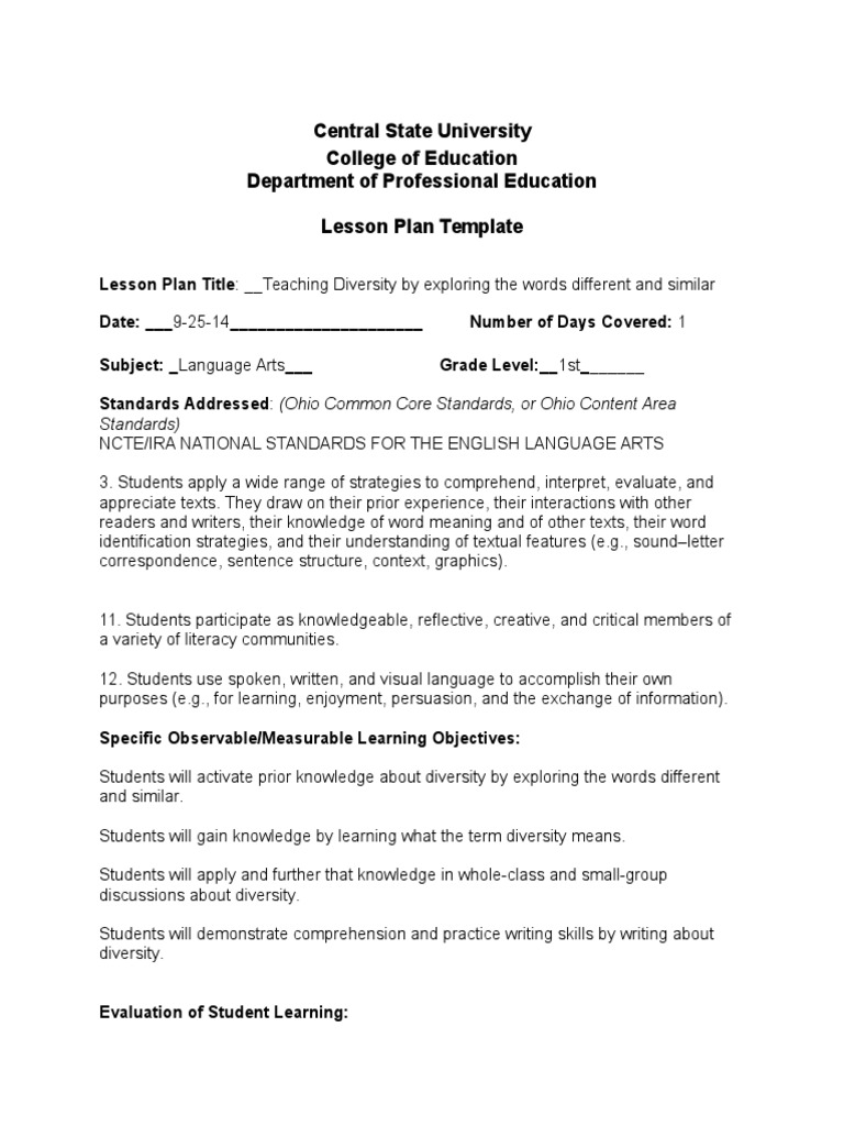 Standard 1 Diversity Lesson Plan | PDF | Lesson Plan | Educational ...