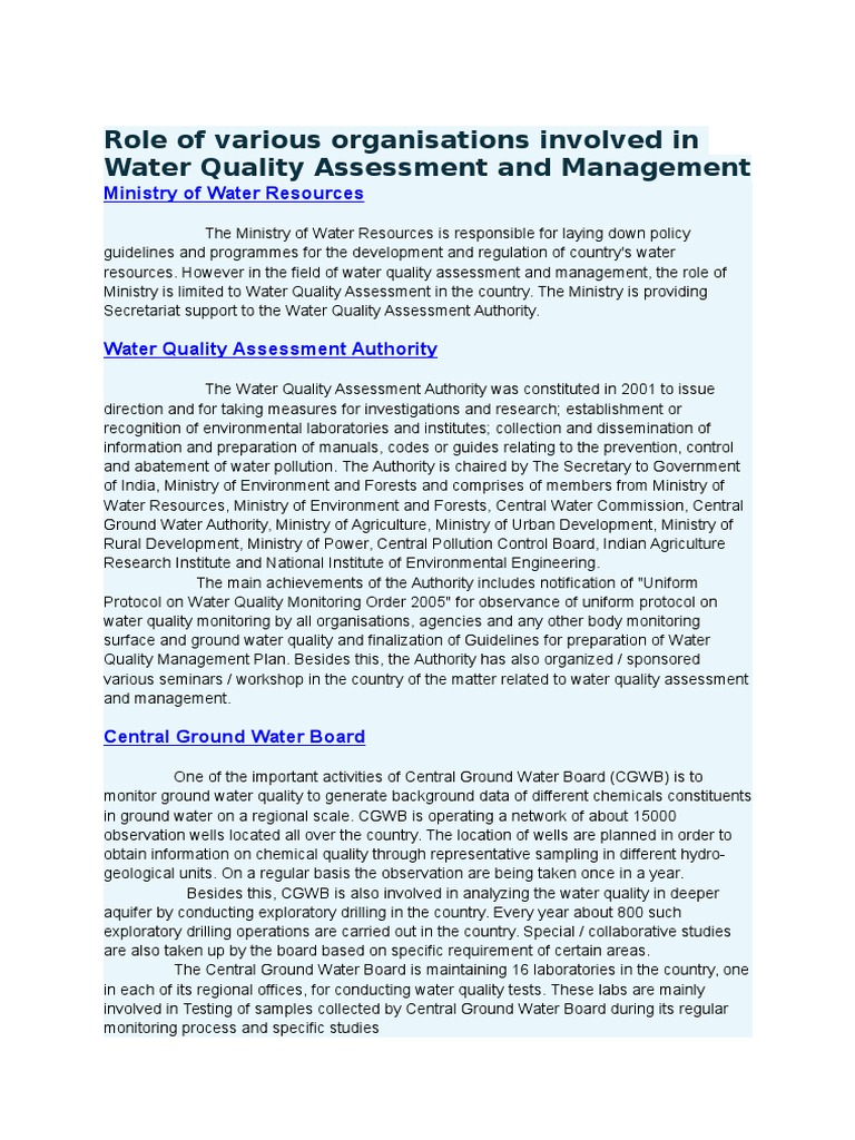 Role of Various Organisations Involved in Water Quality Assessment and ...