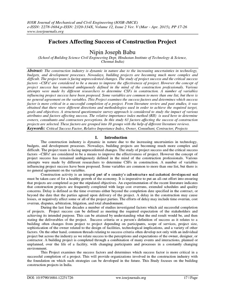 Factors Affecting Success of Construction Project | PDF | Survey ...
