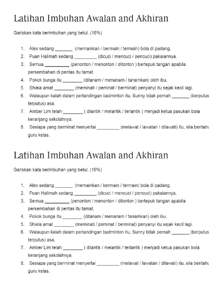 Latihan Imbuhan Akhiran Dan Awalan | PDF