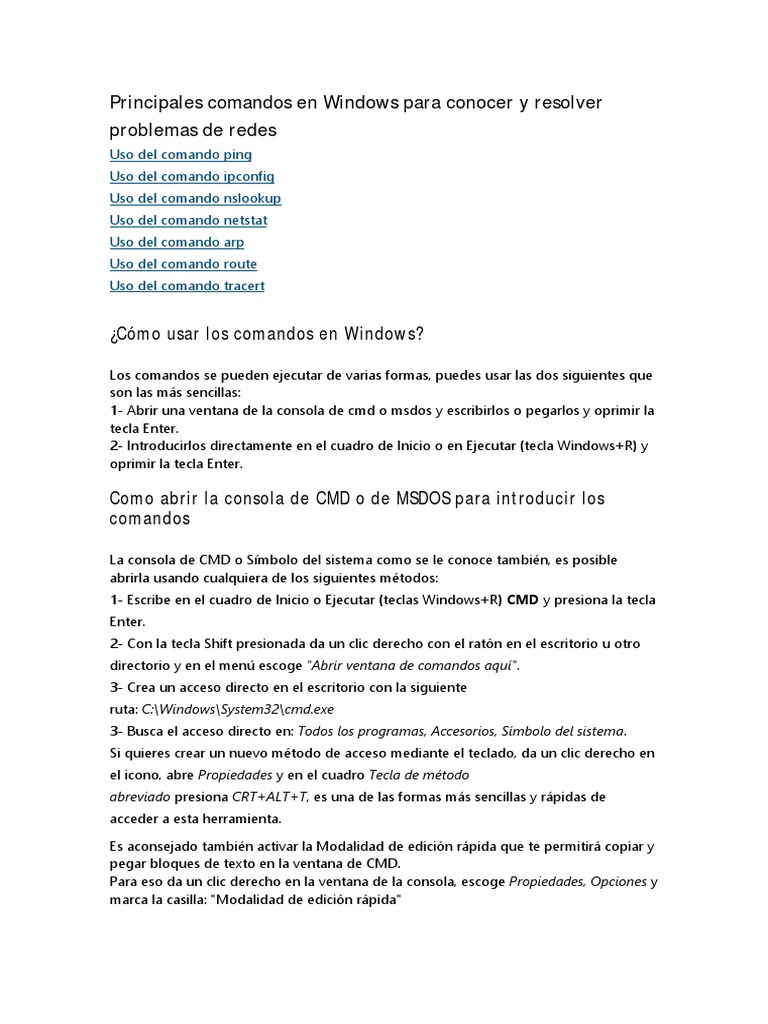 Principales Comandos en Windows | PDF | Dirección IP | sistema de ...
