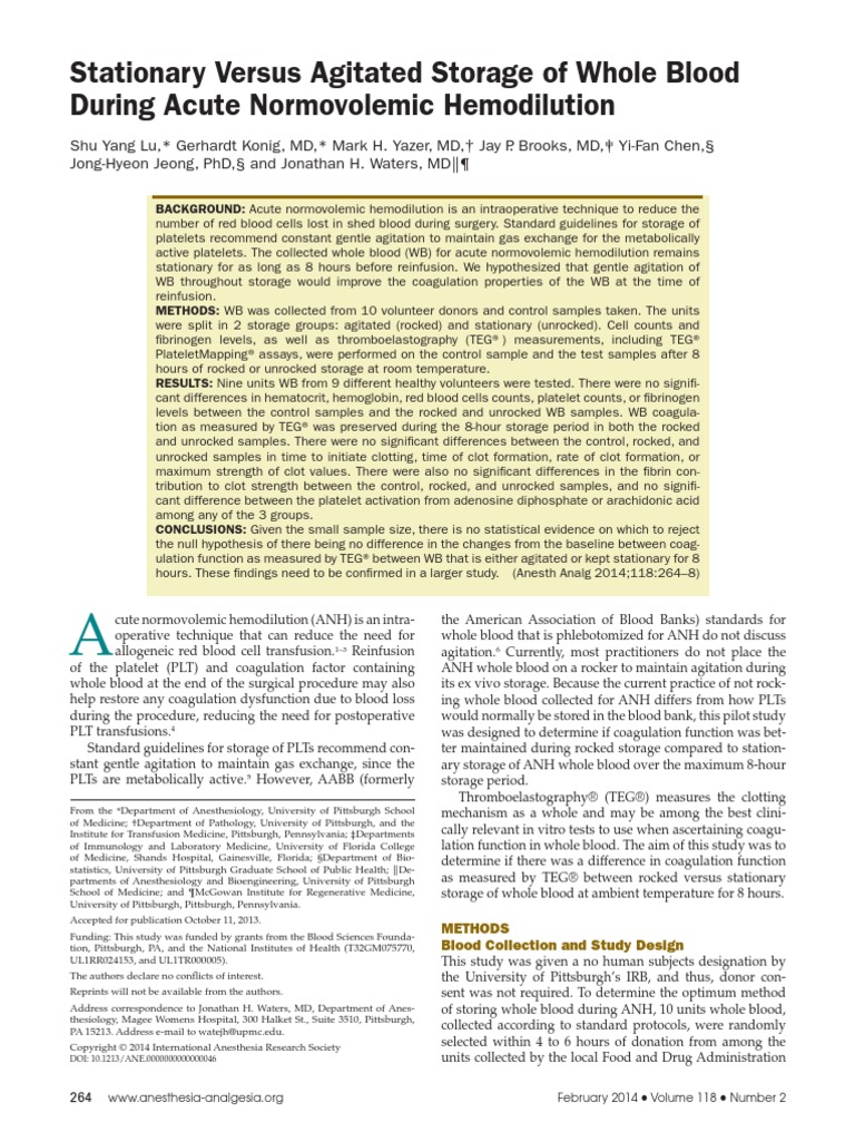 Stationary Versus Agitated Storage of Whole Blood During Acute ...