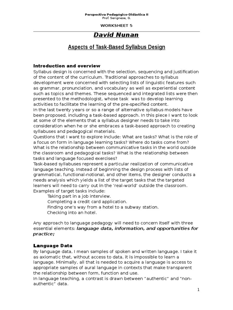 Aspects of Task-Based Syllabus Design - Nunan | PDF | Language ...