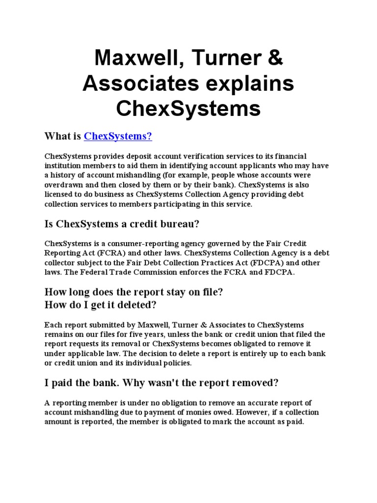 Maxwell, Turner & Associates Explains ChexSystems | PDF | Government ...