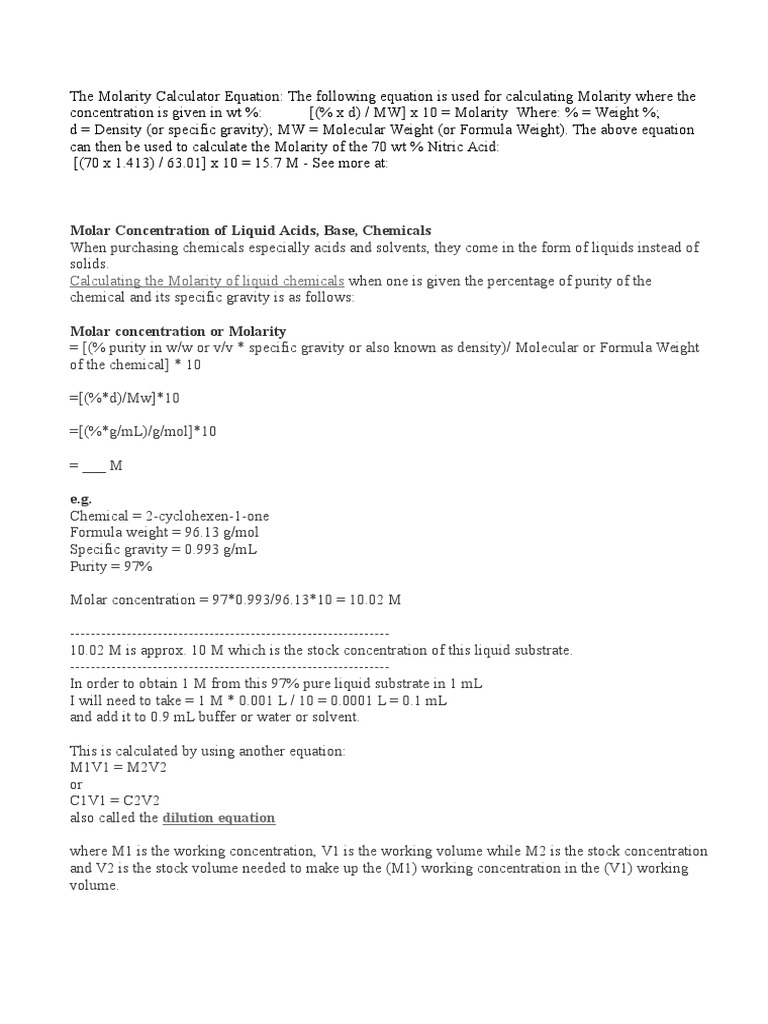 The Molarity Calculator Equation | PDF | Mole (Unit) | Molar Concentration