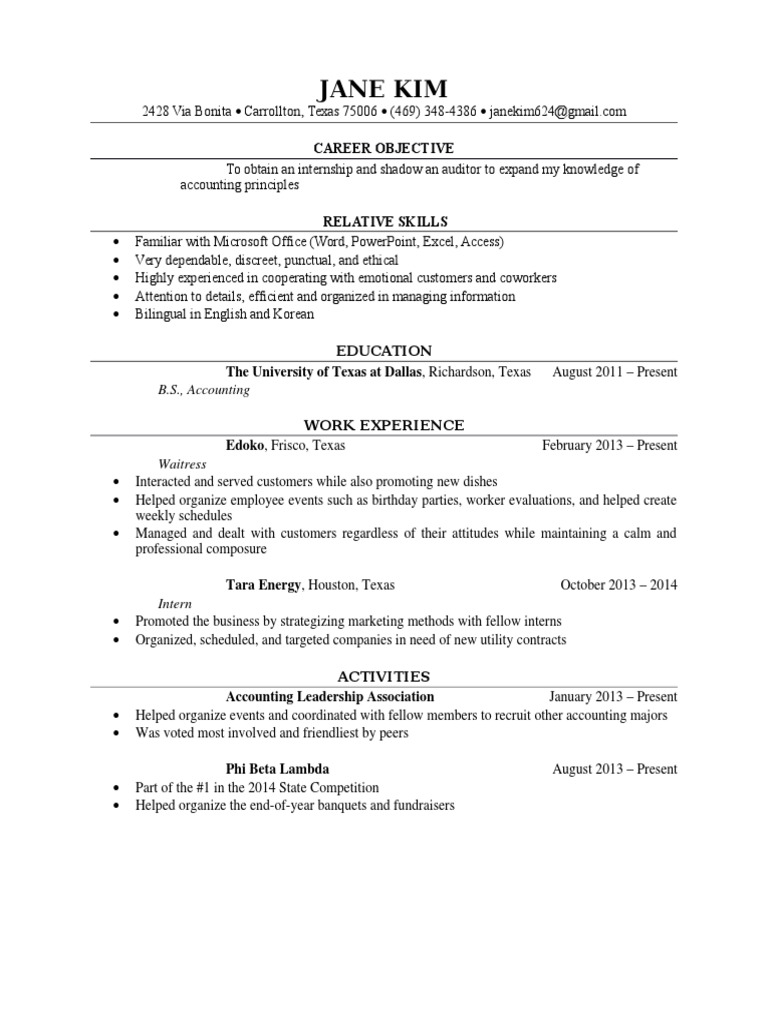 Jane Kim's Accounting Internship Resume | PDF | Career & Growth | Art
