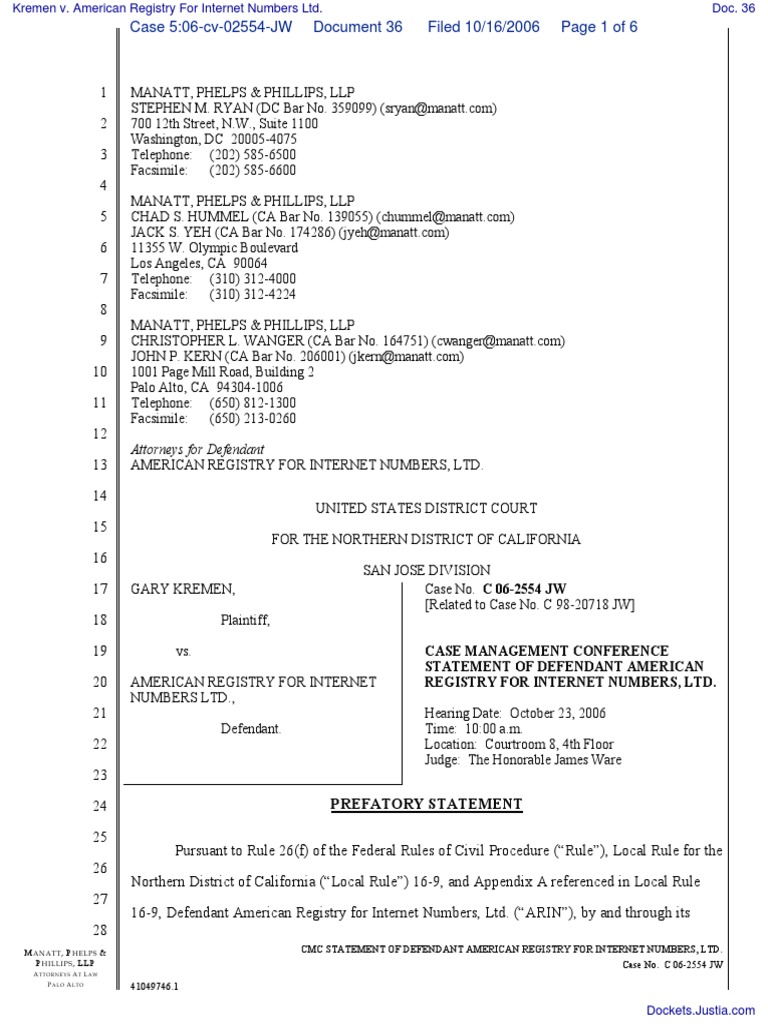 Kremen v. American Registry For Internet Numbers Ltd. - Document No. 36 ...