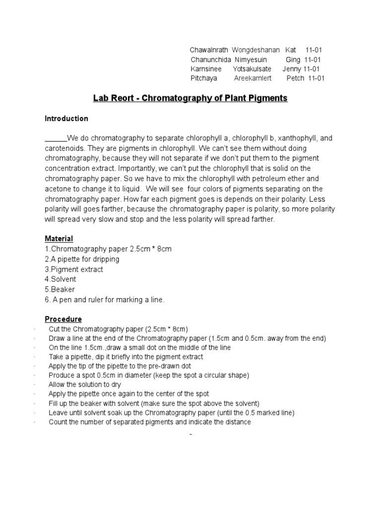 Lab Reort - Chromatography of Plant Pigments | PDF | Chlorophyll ...